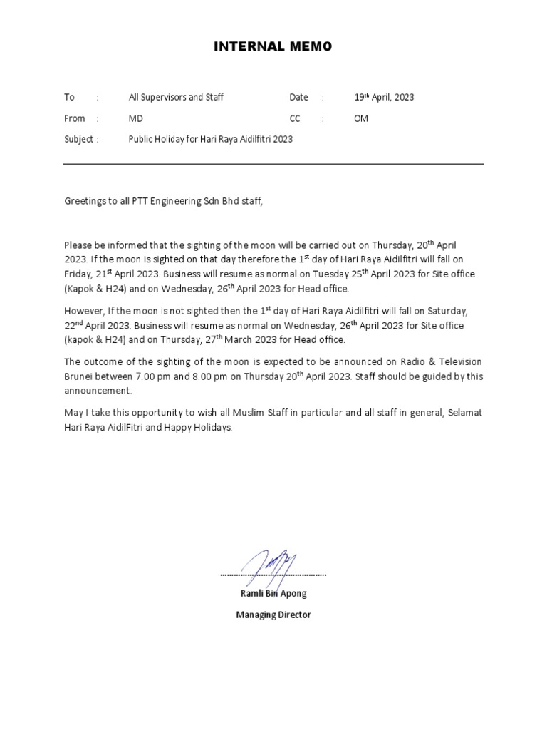 Internal Memo - Public Holiday For Hari Raya Aidilfitri 2023 | PDF