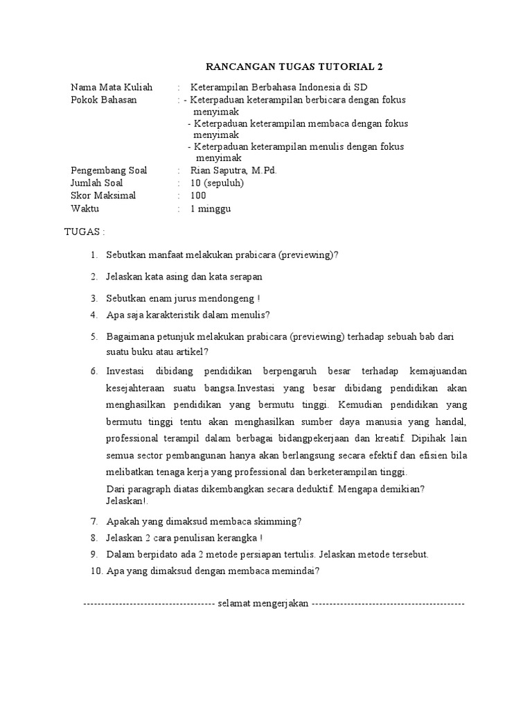 Rancangan Tugas Tutorial 2 Dan 3 PDGK 4101 | PDF