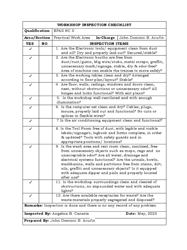 Workshop Inspection Checklist | Download Free PDF | Materials ...
