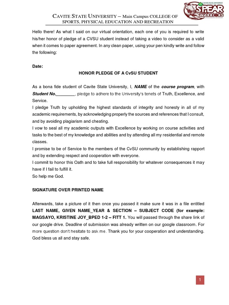 Honor of Pledge For Cvsu Student (Requirements Additional Points) | PDF
