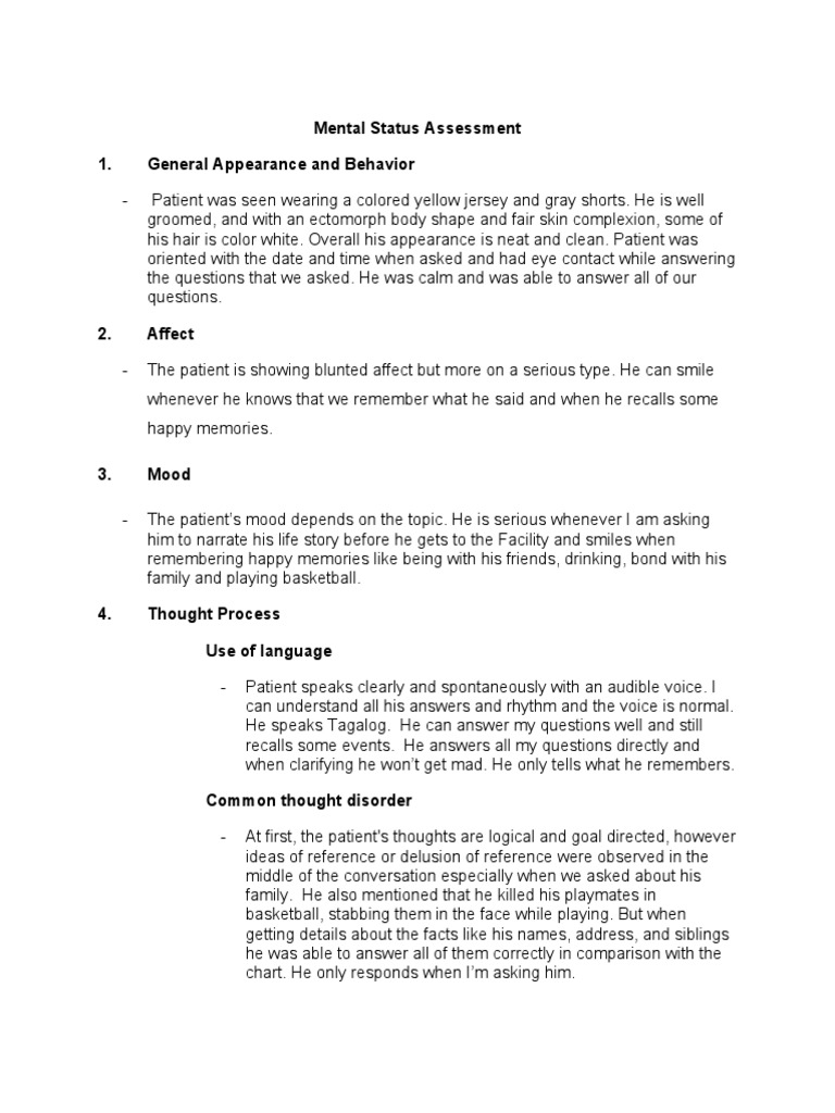 Mental Status Assessment 1. General Appearance and Behavior | PDF | Mental Disorder | Thought