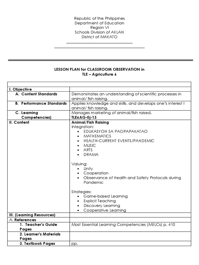 Animal and Fish Raising Lesson Plan | PDF | Self-Improvement