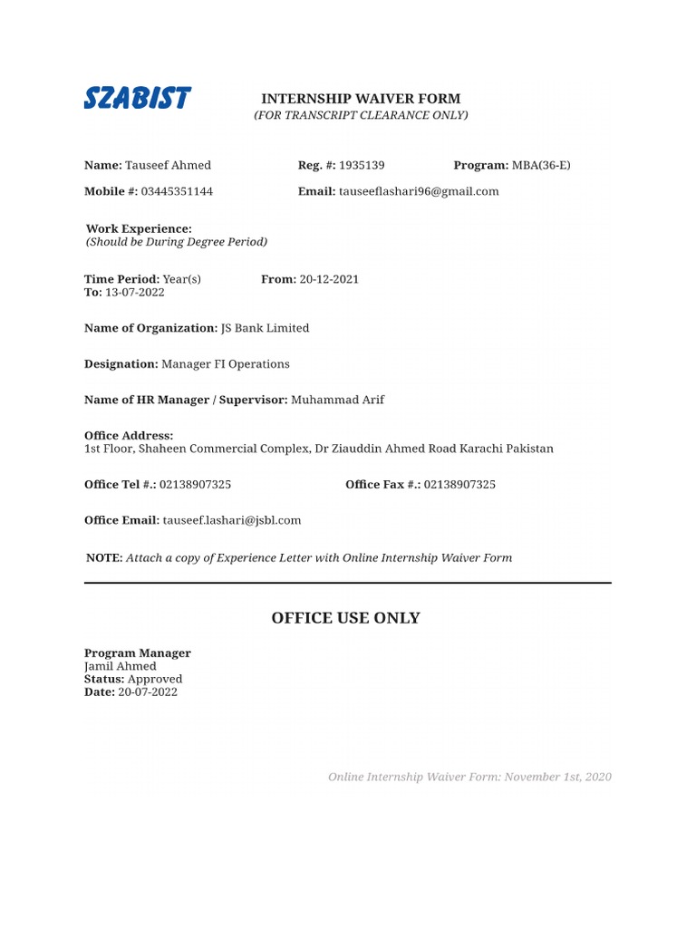 Waiver Form Tauseef Ahmed Lashari | PDF