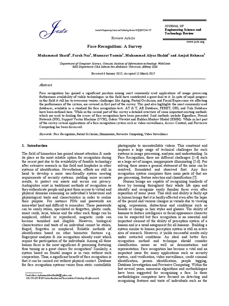 Face Recognition A Survey | PDF | Wavelet | Face