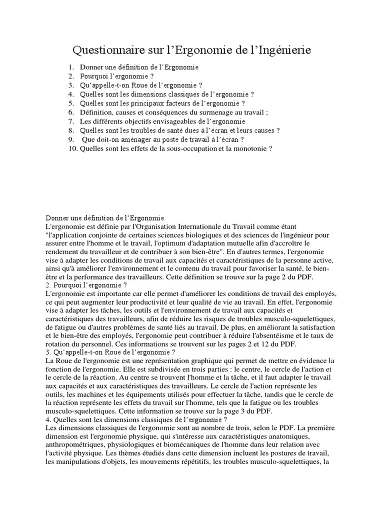 Questionnaire sur l'Ergonomie au Travail | PDF | Syndrome d'épuisement ...
