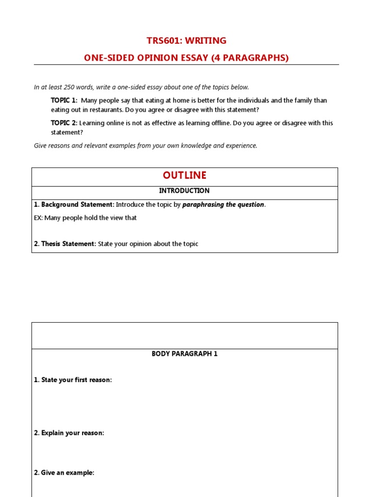 HANDOUT 2 - Opinion Essay - Outline & Checklist (Template) | PDF ...