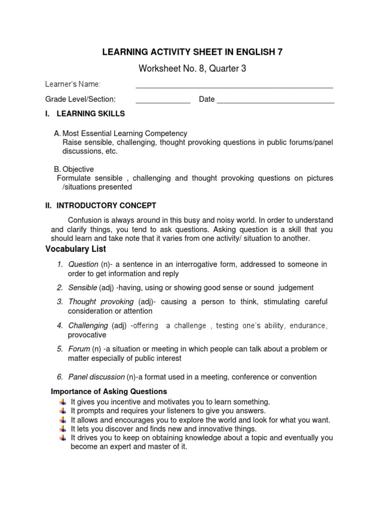 Learning Activity Sheet in English 7: Worksheet No. 8, Quarter 3 | PDF ...