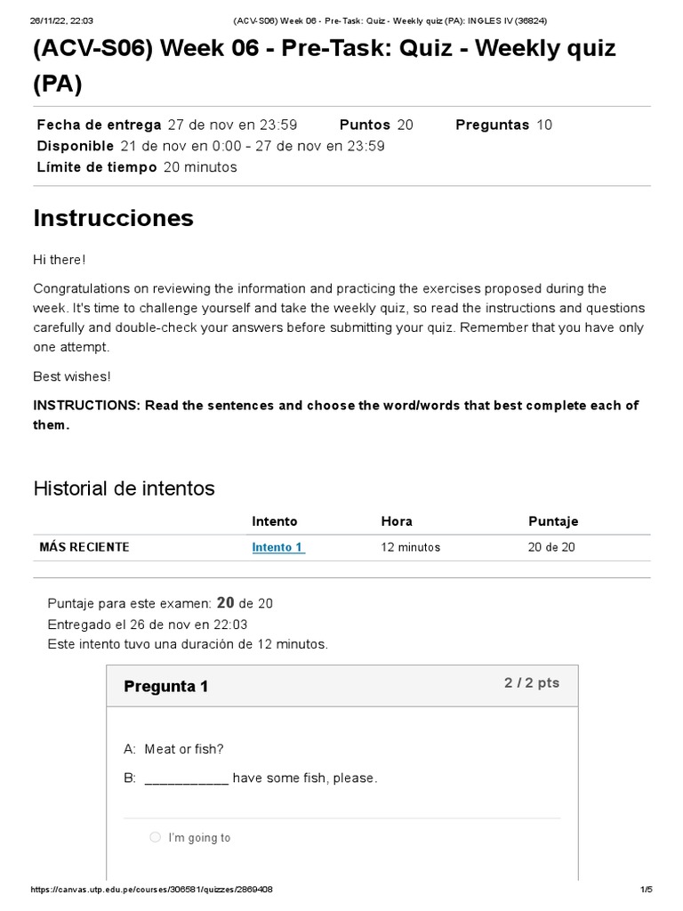 (ACV-S06) Week 06 - Pre-Task - Quiz - Weekly Quiz (PA) - INGLES IV ...