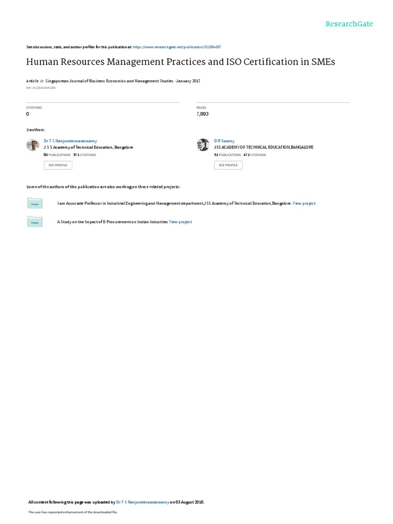 Human Resources Management Practices and Iso Certification in Smes ...