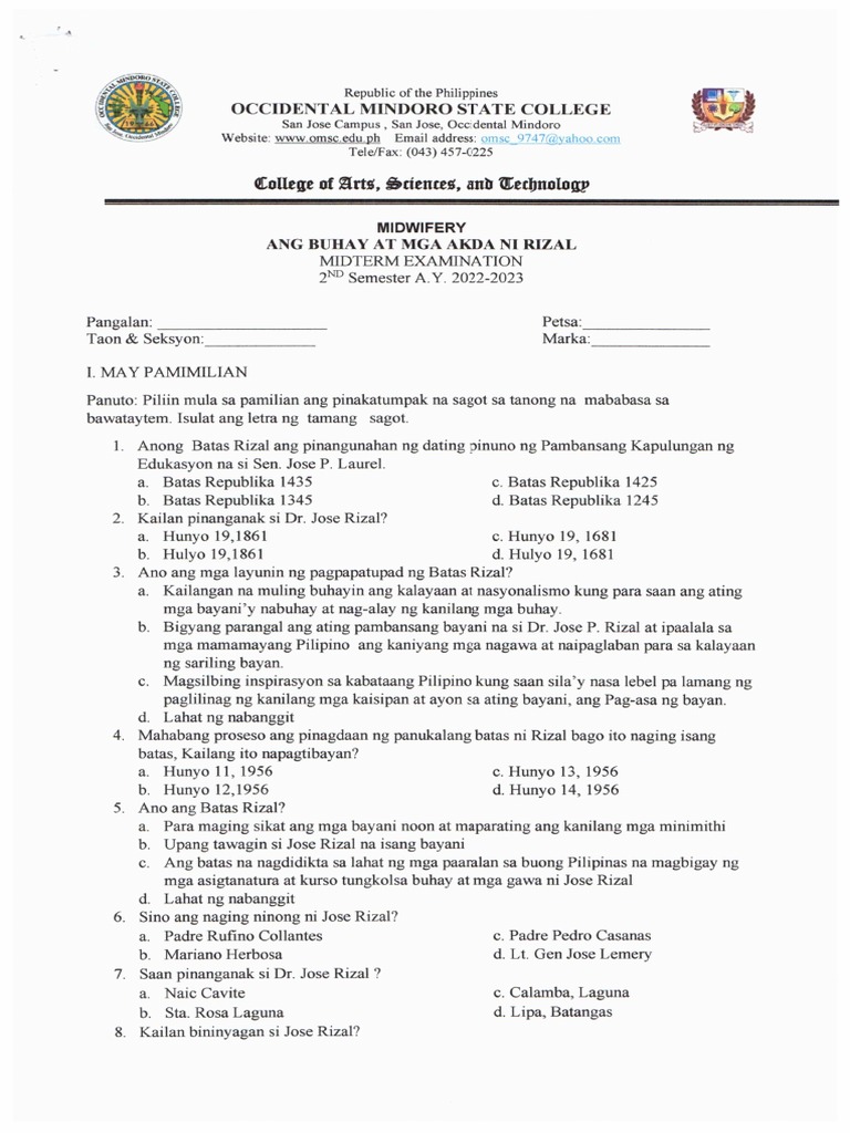 Midterm Exam Rizals Life and Works - SS - 22 23 | PDF