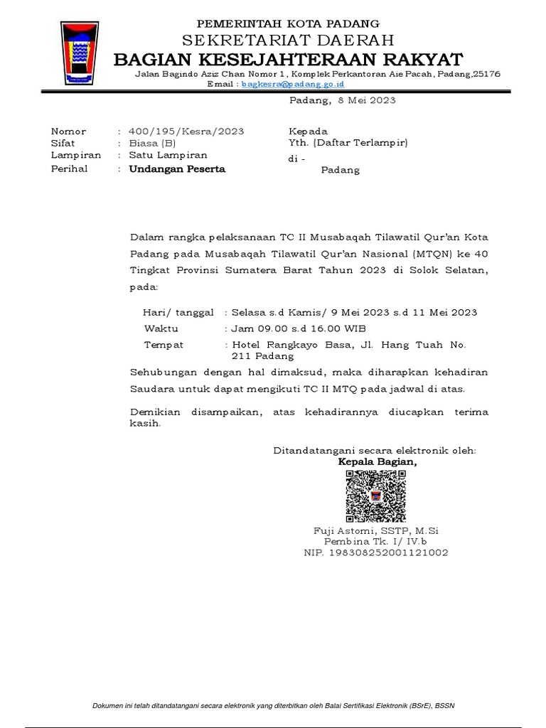 Undangan TC II MTQ Kota Padang 2023 | PDF
