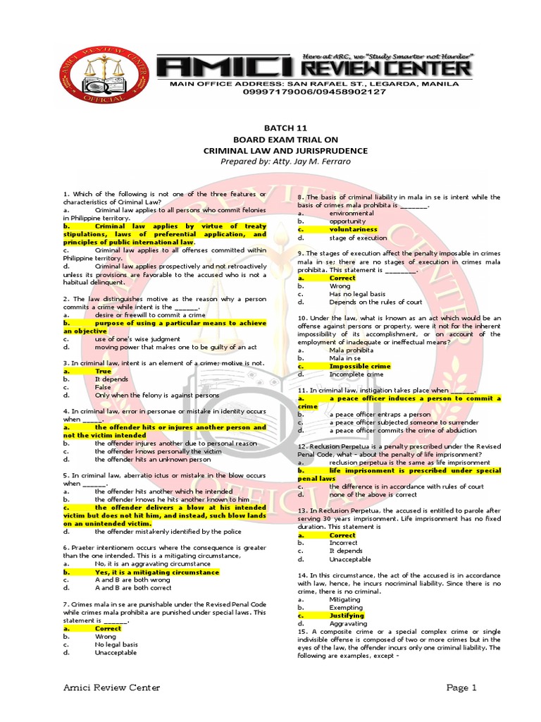 B11 CLJ Bet 250 Items - With - Answer 1 | PDF | Criminal Law | Crimes