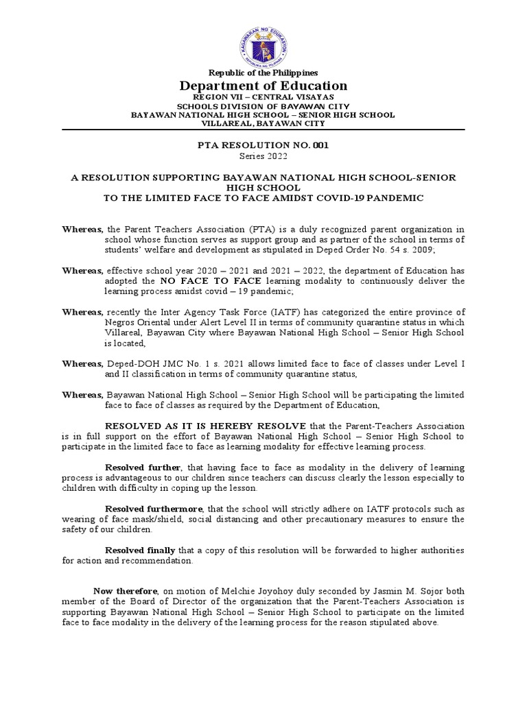 PTA RESOLUTION F2F Draft | PDF