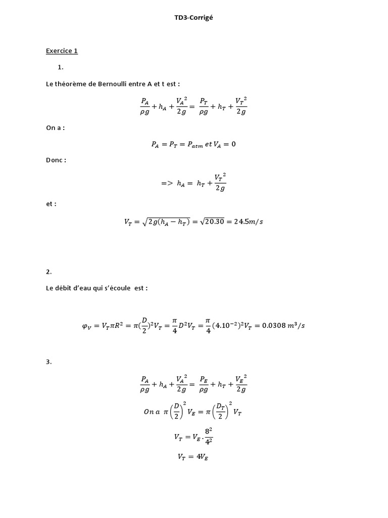 Corrigé TD3 : Théorèmes et Débits Fluides | PDF