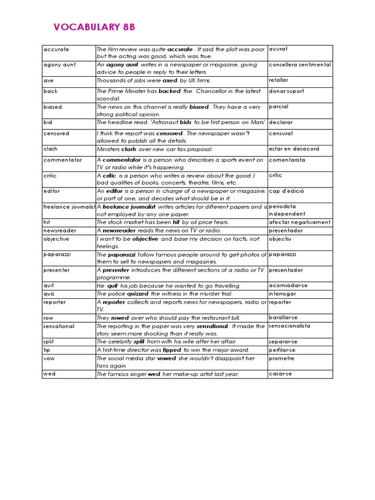 Vocabulary Unit 8B | PDF | Newspapers | News