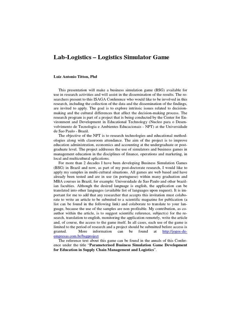 Lab Logistics Logistics Simulator Game | PDF | Simulation | Prices