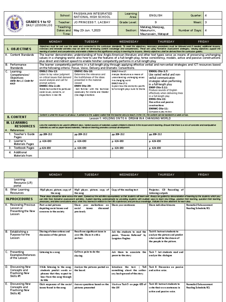 Daily Lesson Log DLL Template English 1 | PDF | Learning | Teachers