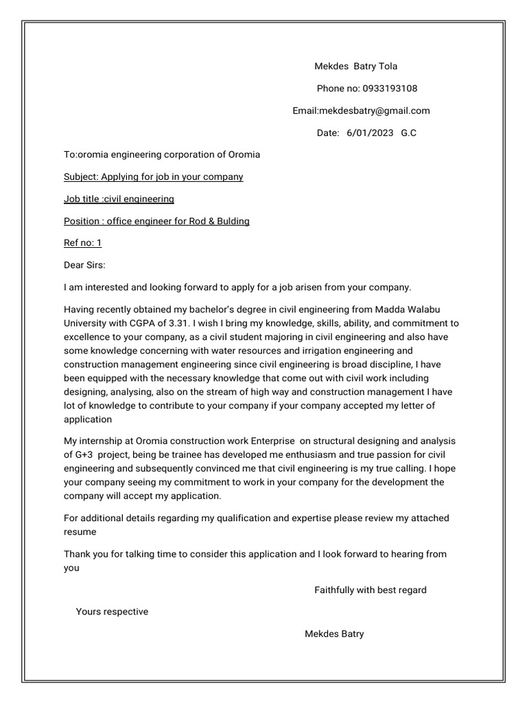 Application Letter With CV | PDF | Engineering | Civil Engineering