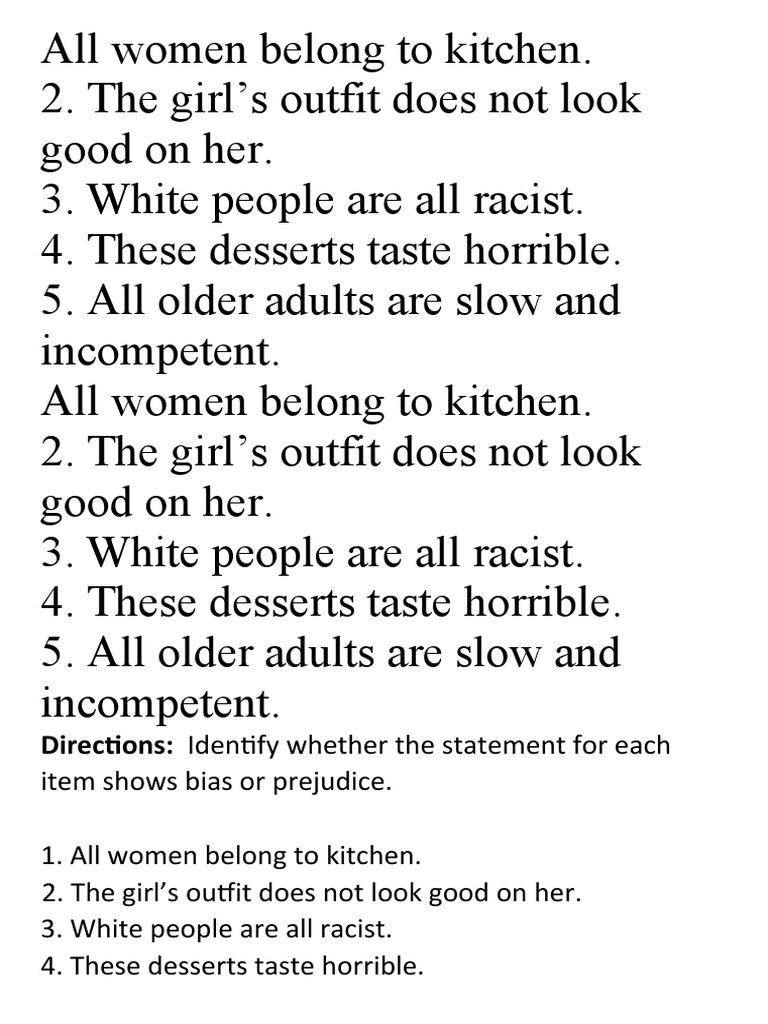 Bias and Prejudice Quiz | PDF