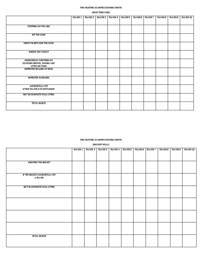 Fire Fighting Olympics Scoring Sheets | PDF | Firefighting | Safety