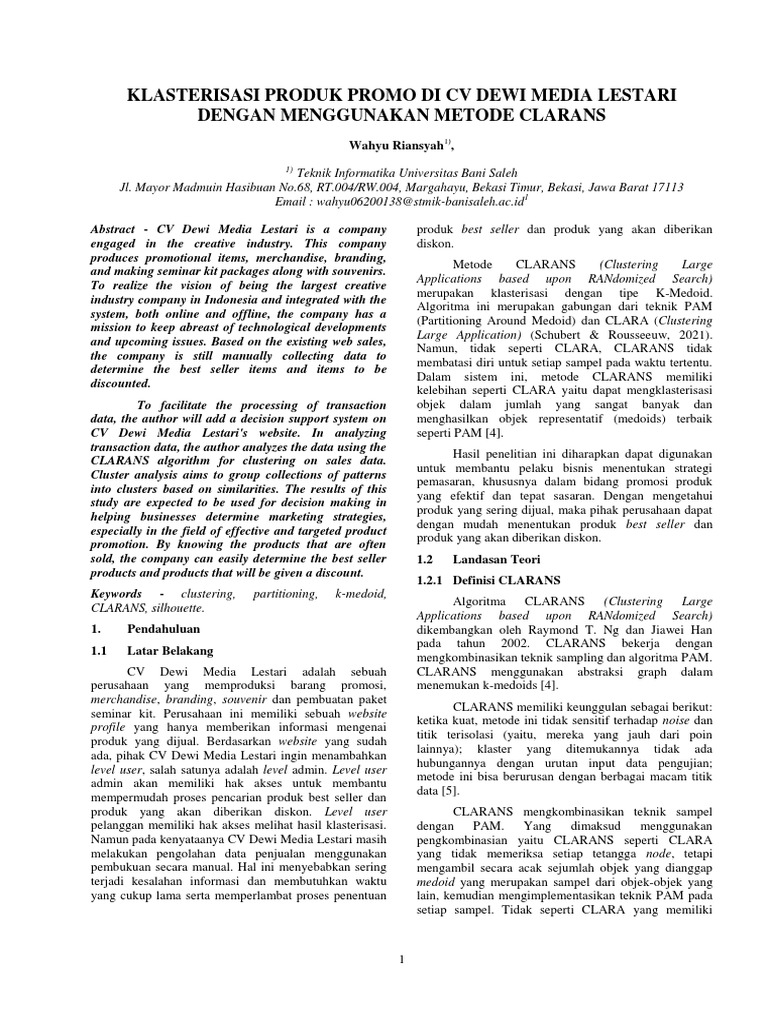 Wahyu Riansyah - Klasterisasi Produk Promo Di CV Dewi Media Lestari Dengan Menggunakan Metode ...