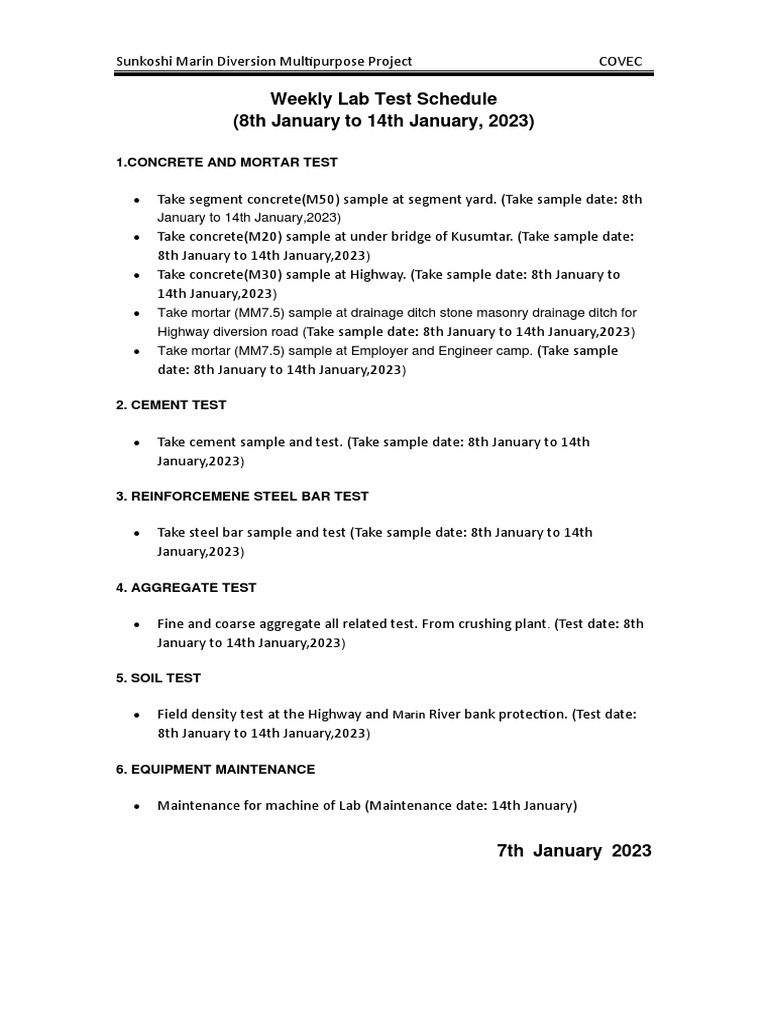 Weekly Lab Test Schedule 2023.01.08-2023.01.14 | PDF | Concrete ...