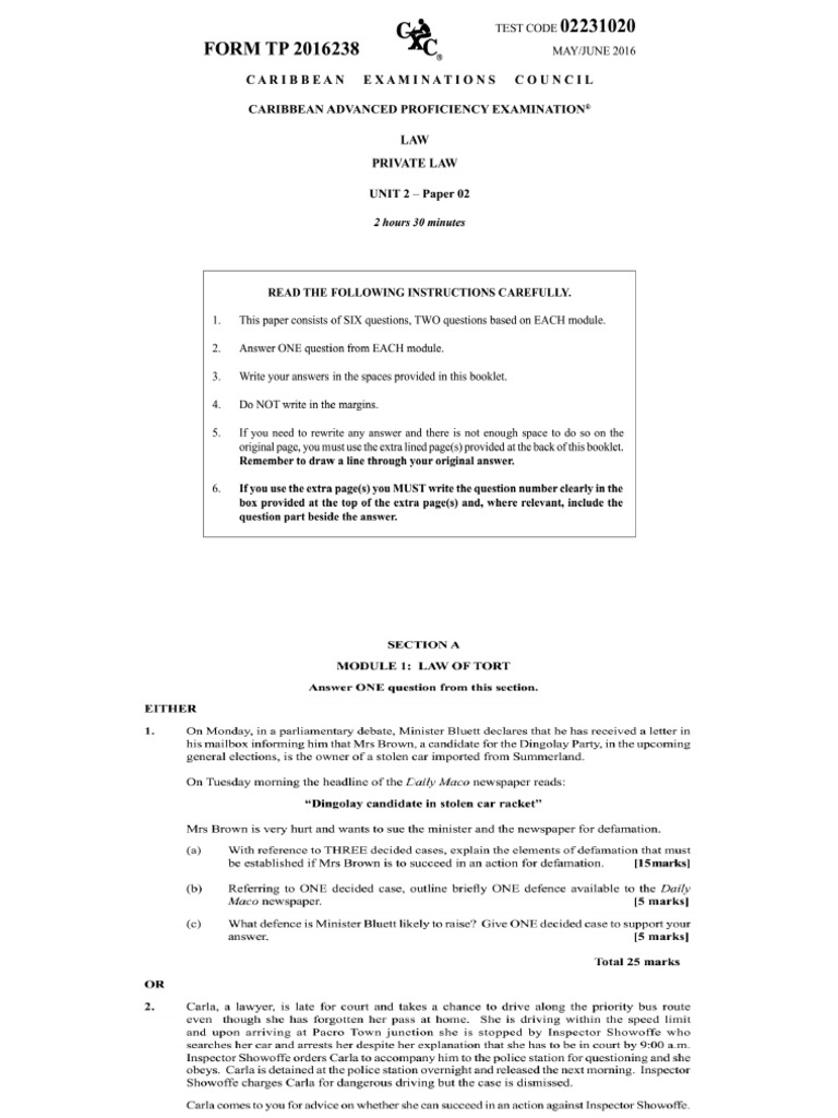 CAPE LAW UNIT 2 - Paper 2 2016 1 | PDF