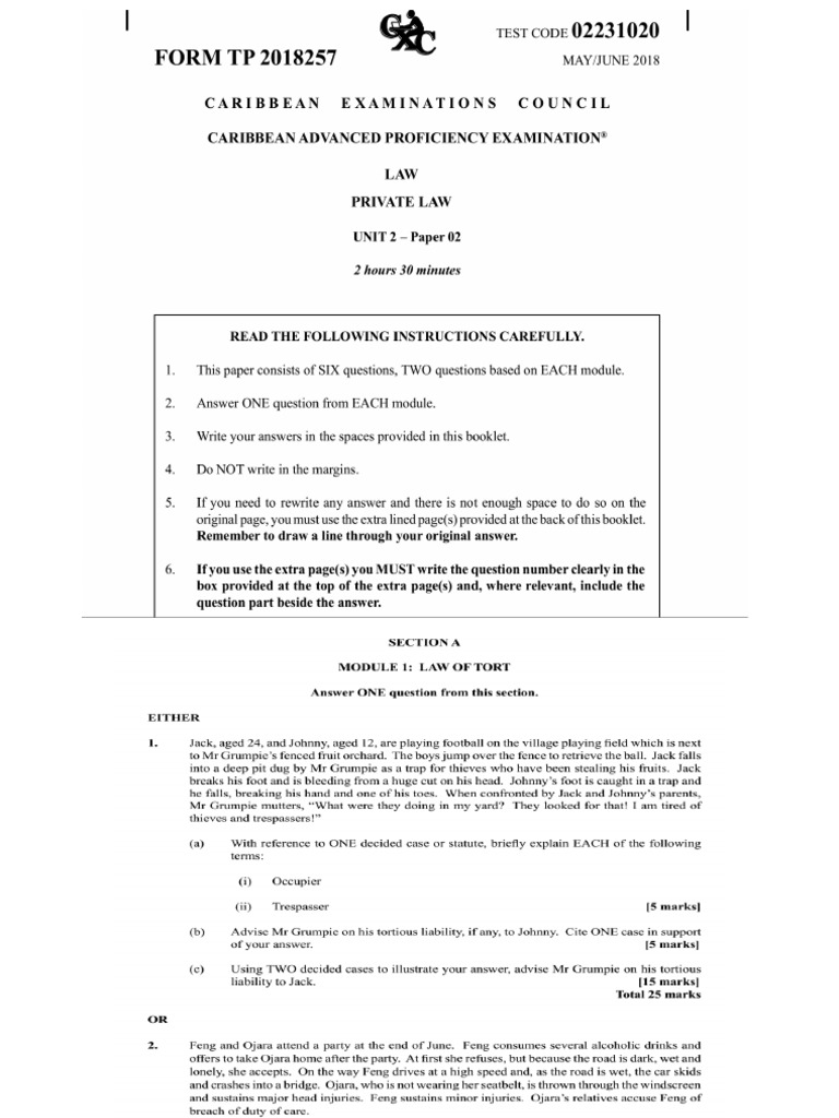 CAPE Law Unit 2 Paper 2 2018 | PDF