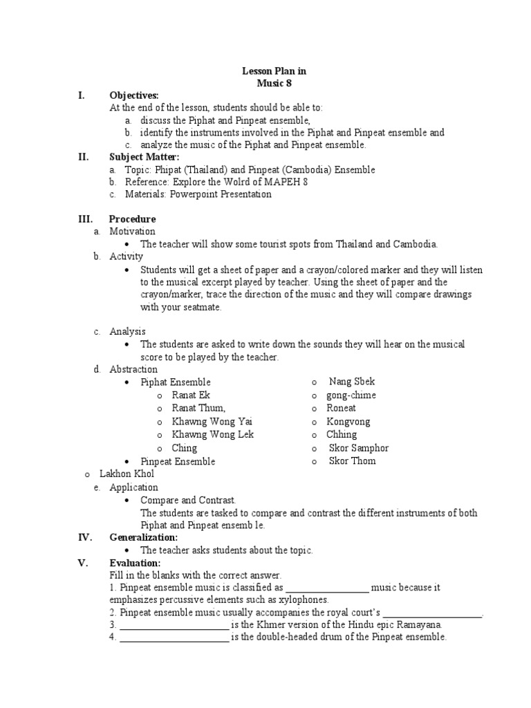 Lesson Plan in Music 8.2 | PDF | Musical Instruments | Performing Arts