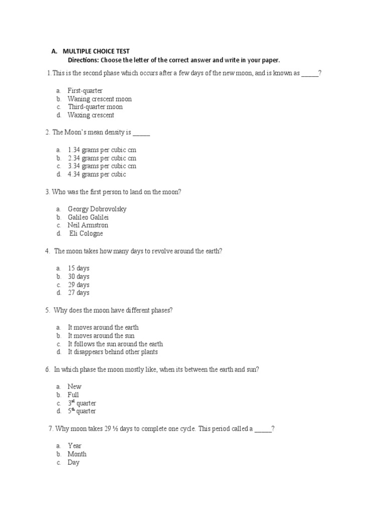 A. Multiple Choice Test Directions: Choose The Letter of The Correct ...