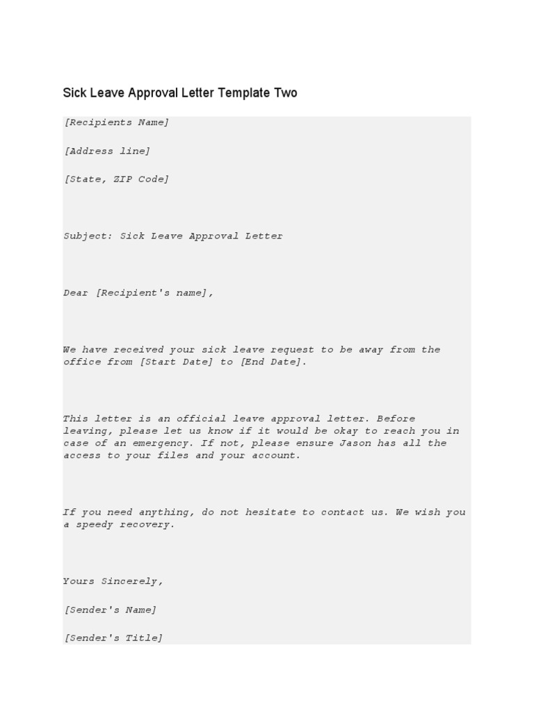 Sick Leave Approval Letter Template Two | PDF