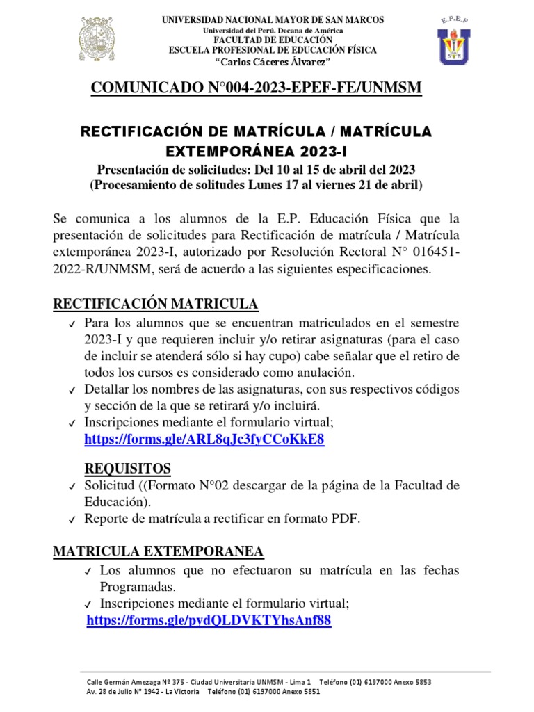 COMUNICADO N°004-2023-EPEF-FE-UNMSM-rectificación y Matricula ...