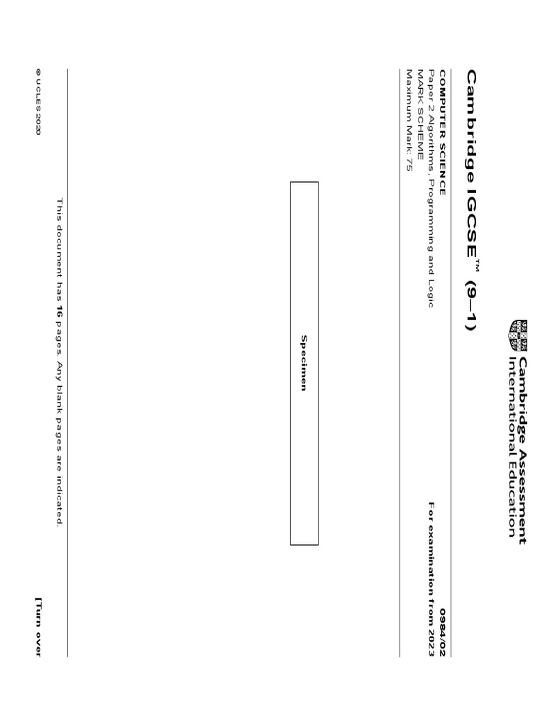 2023 Specimen Paper 2a Mark Scheme - Rotated | PDF | Control Flow | Parameter (Computer Programming)