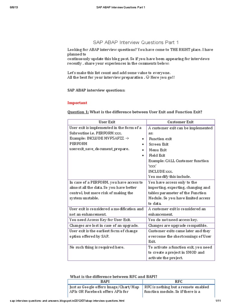 Sap Abap Interview Questions Part 1 Pdf Information Technology Computer Science 4890