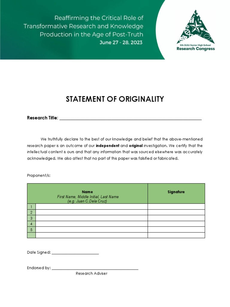 Statement of Originality - 5th DLSU SHS RC-3 | PDF