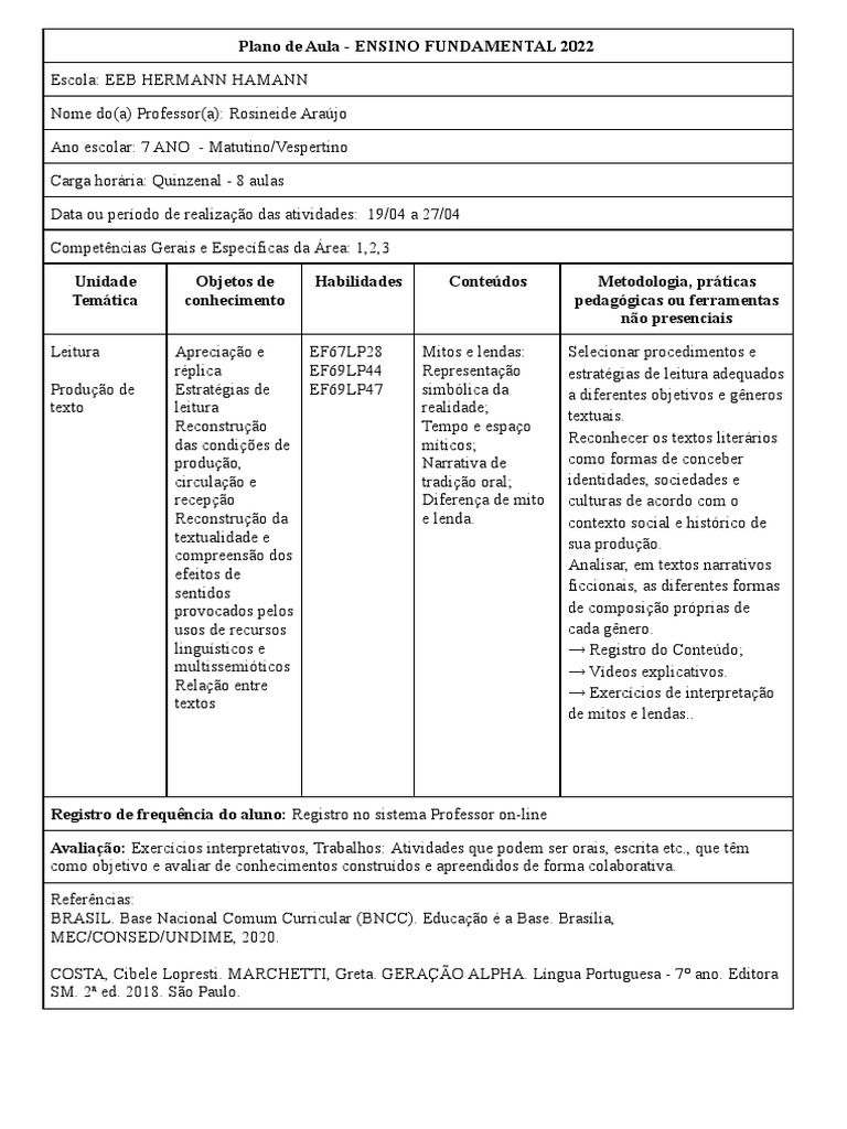Plano de Aula 7 Ano - EnSINO FUNDAMENTAL 2022 - Mitos e Lendas | PDF | Pedagogia