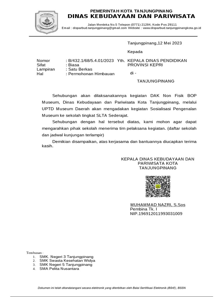 Surat Permohonan Himbauan Sosialisasi Pengenalan Museum Disdik Prov | PDF