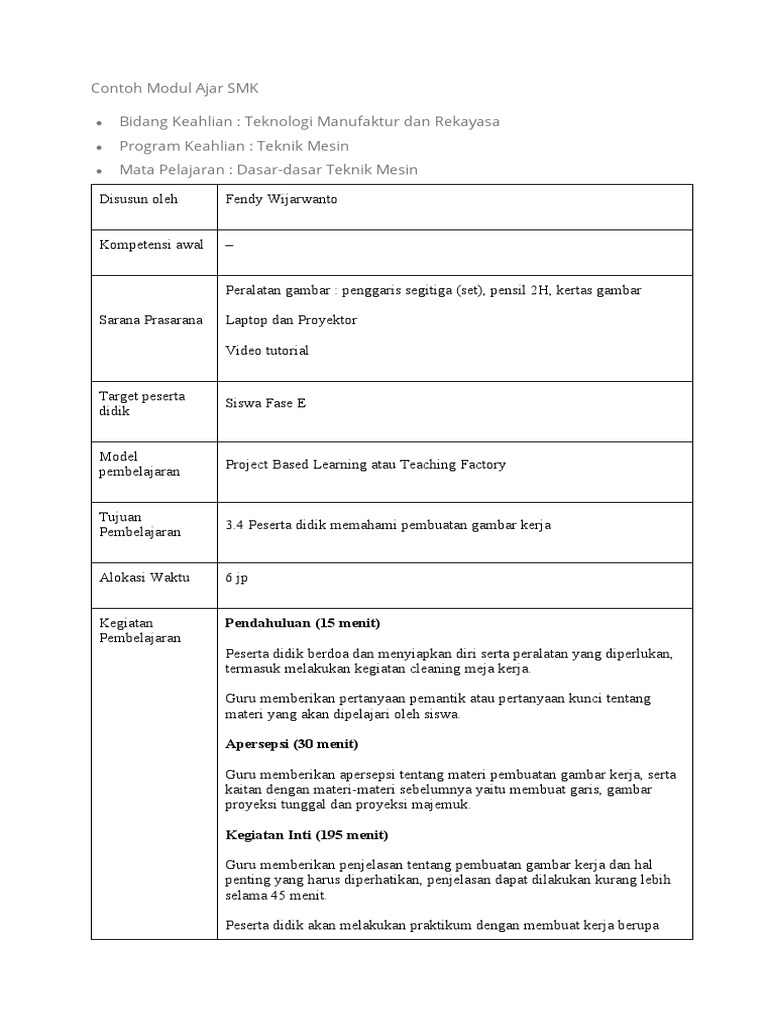 Contoh Modul Ajar Teknik Mesin SMK | PDF | Seni
