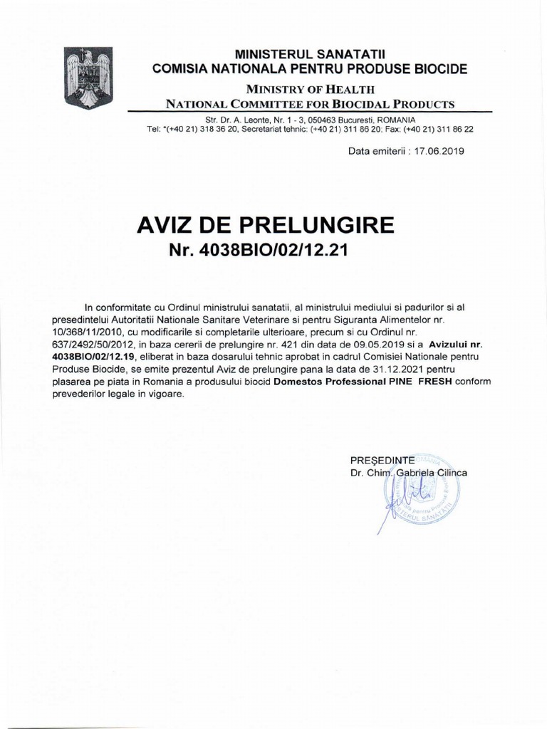 Domestos Professional PINE FRESH-Aviz prelungire Nr.4038BIO-02-12.21 | PDF