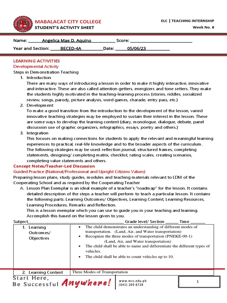 ELC Week 8 Student Activity Sheet | PDF | Learning | Teachers