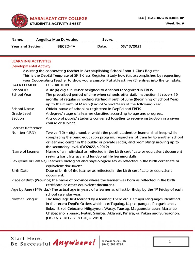 ELC Week 9 Student Activity SheetAQUINO | PDF | Schools | Teachers