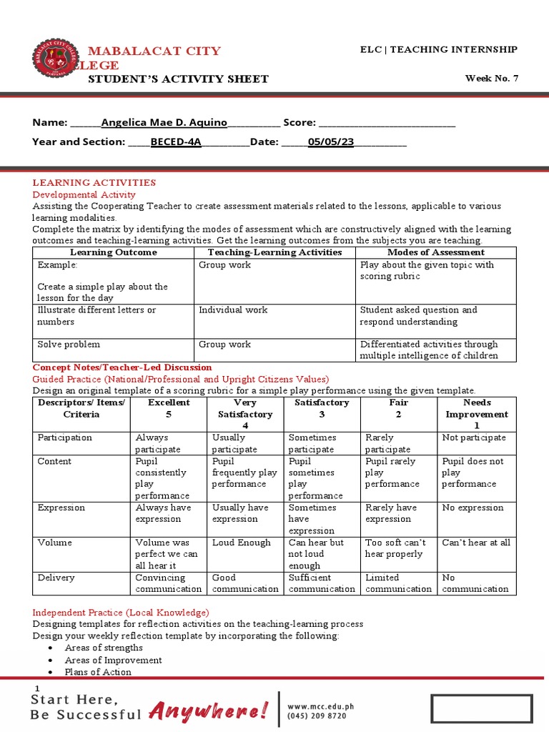 ELC Week 7 Student Activity Sheet | PDF | Educational Assessment ...