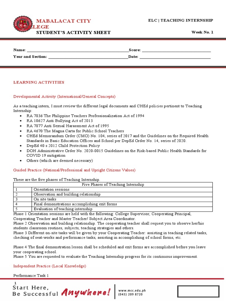 ELC Week 1 Student Activity Sheet | PDF | Teachers | Learning