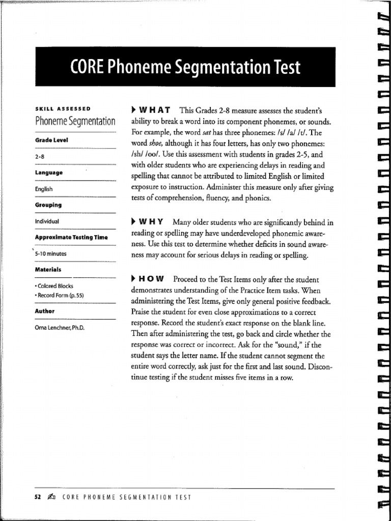 1B. CORE Phoneme Segmentation Test 1999 | PDF 1B. CORE Phoneme Segmentation Test 1999 | PDF