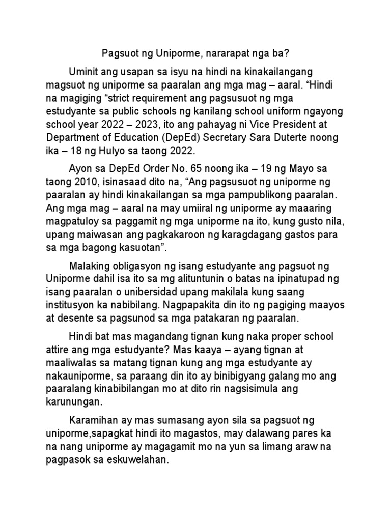 Pagsuot NG Uniporme, Nararapat Nga Ba (Editorial) | PDF
