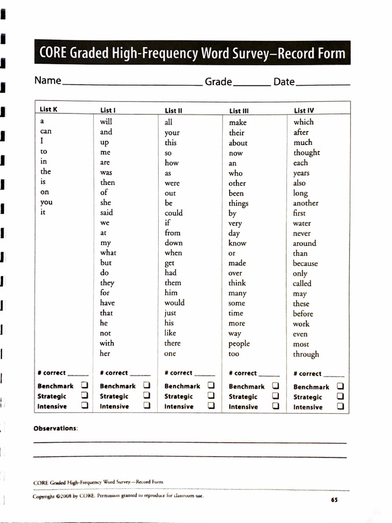 CORE Graded High-Frequrency Word Survey 1999 | PDF