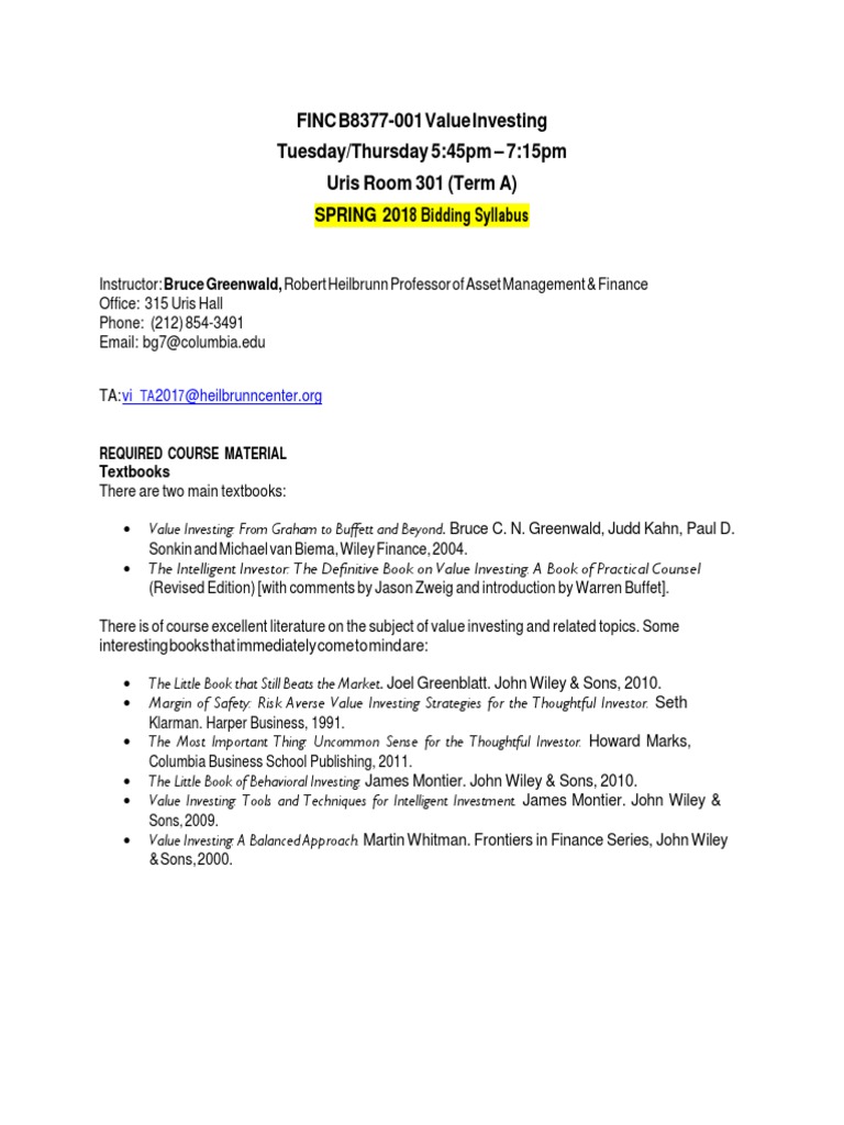 Value Investing (Greenwald) SP2018 | PDF | Value Investing | Valuation ...