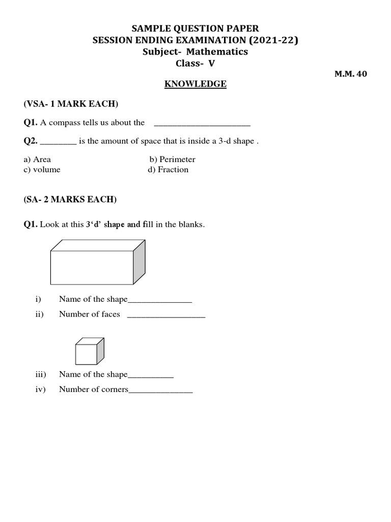 Class 5 Maths Quarterly Exam Paper | PDF | Volume