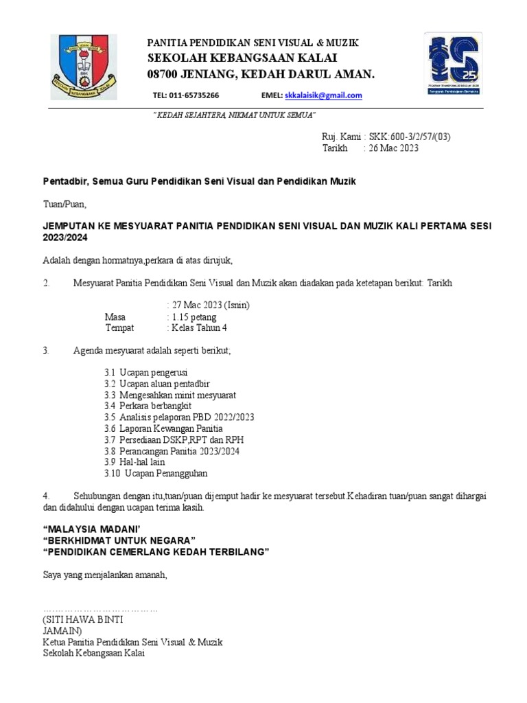 Surat Jemputan Mesyuarat Panitia PSV & MZ | PDF