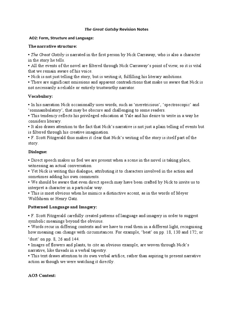 Great Gatsby Revision Notes Overview | PDF | The Great Gatsby | F ...
